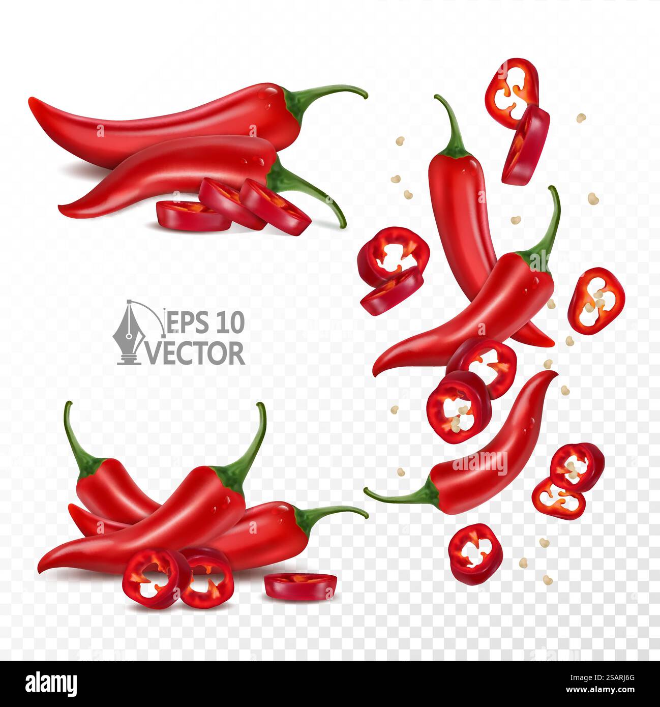 Set of red fresh chili peppers, falling pepper slieces, natural hot ...