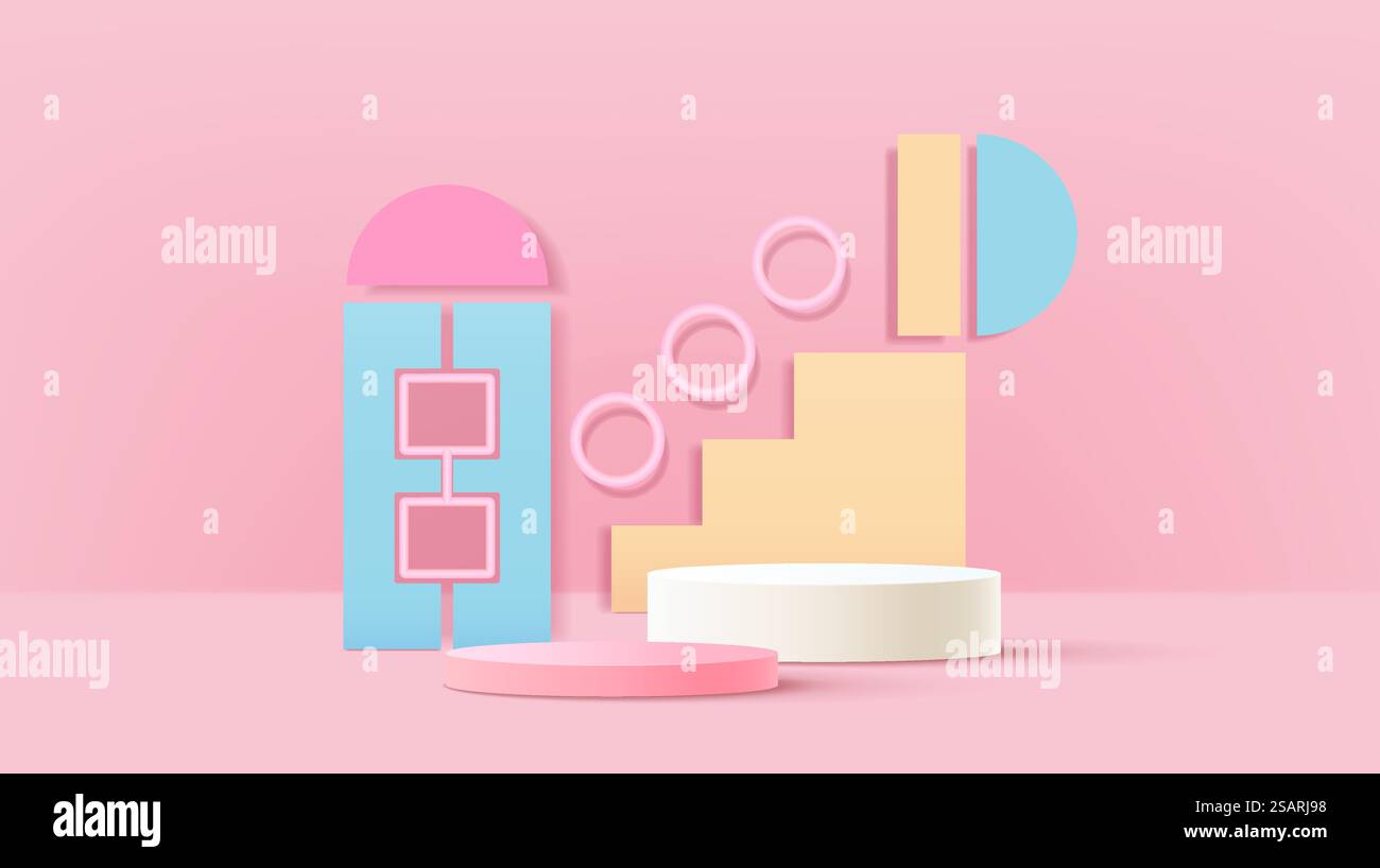 3D cylinder stand podium with geometric shapes layers scene background. Abstract minimal wall ...