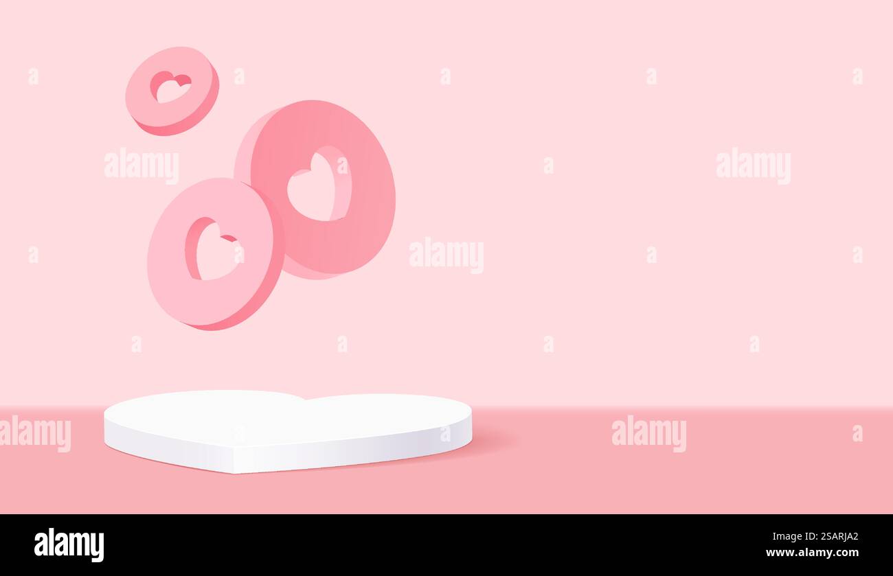 Pink abstract 3d room with realistic stand or podium heart shape Stock ...
