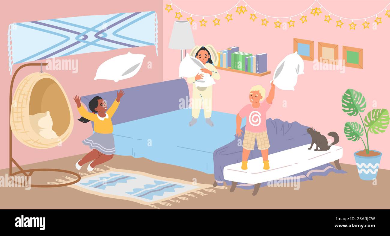 Happy overjoyed children characters having fun pillow fight at home bedroom vector illustration ...
