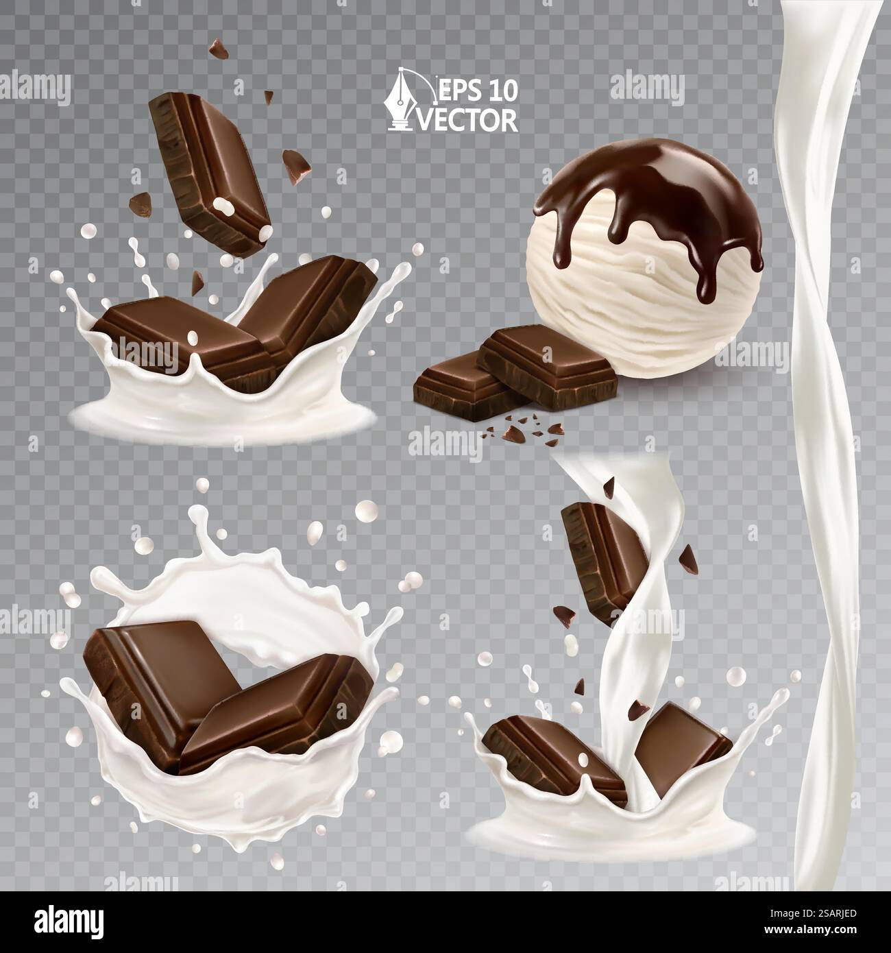 Dark chocolate pieces falling into a stream of milk. Realistic vector ...