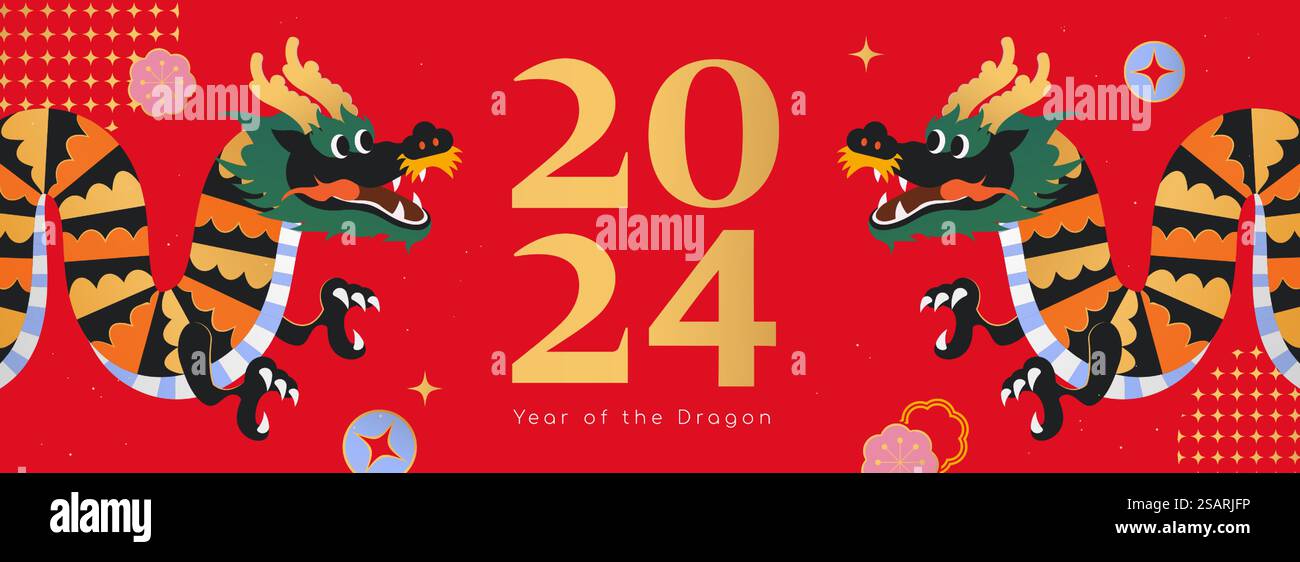 Auspicious CNY banner. Dragons on symmetric position on red background ...