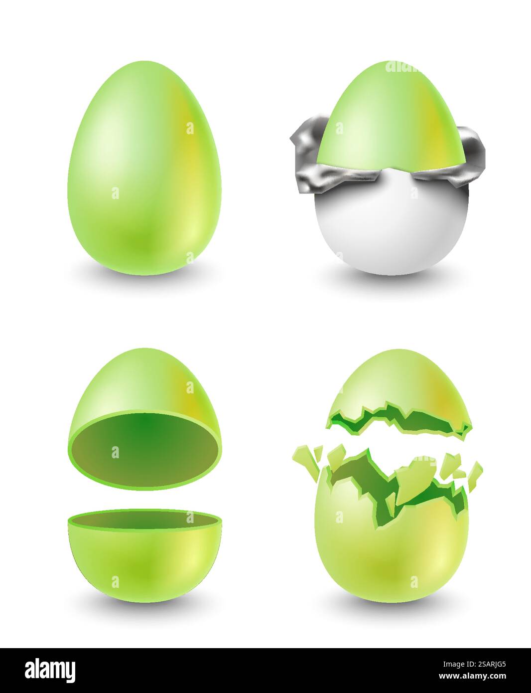 Whole, wrapped, halved, cracked and broken Easter egg set. Colorful ...