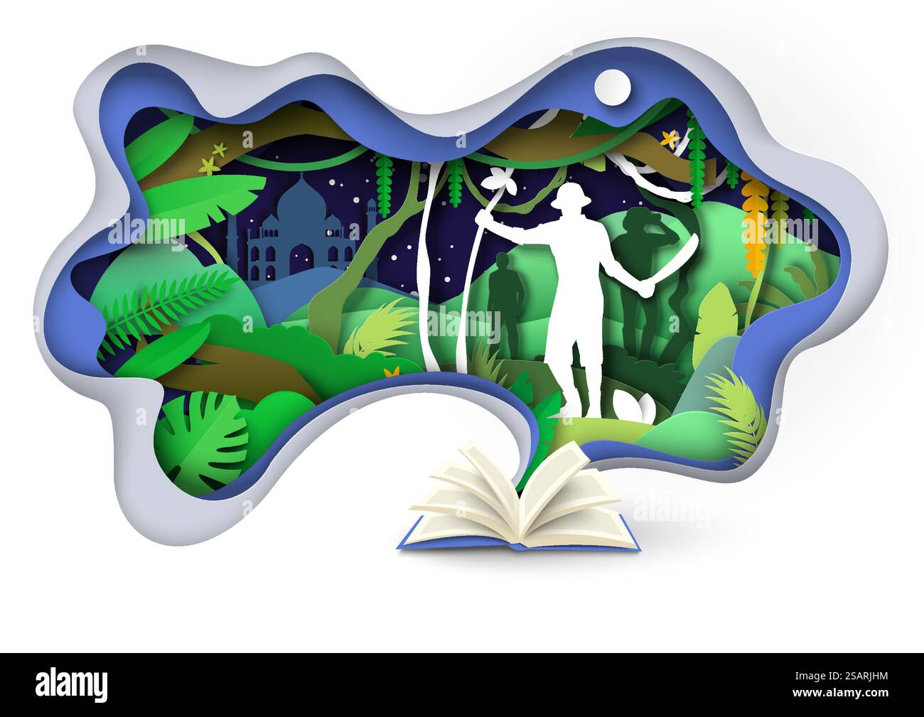 Adventure book with story about expedition in jungle papercut vector ...
