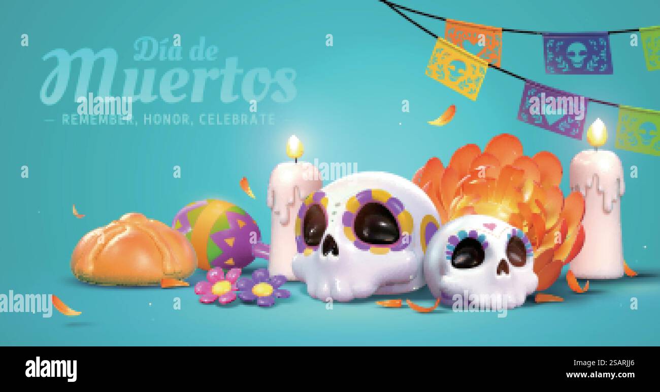 Dia de muertos altar concept. Composition of sugar skulls, white ...