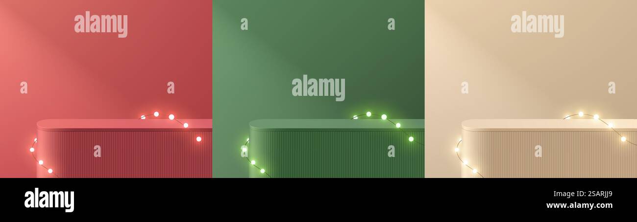 Set of abstract 3D wall scene background with realistic red, green ...