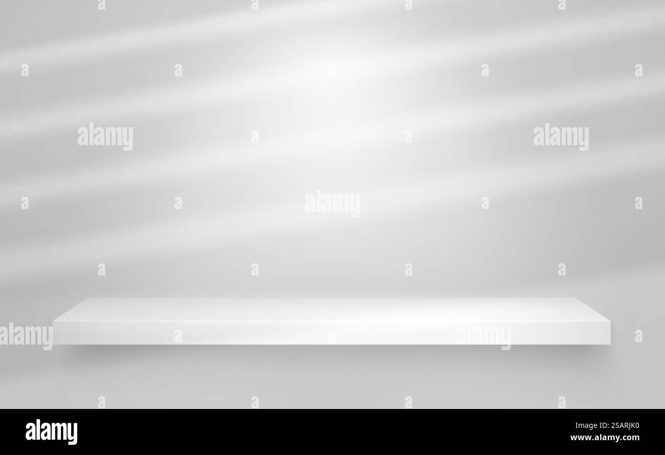 White shelf with shadow overlay on grey background. Sunlight effect for ...