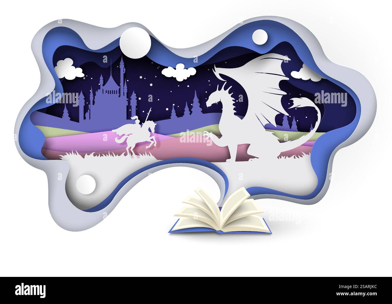 Fairytale book with medieval armored knight fighting dragon over ...