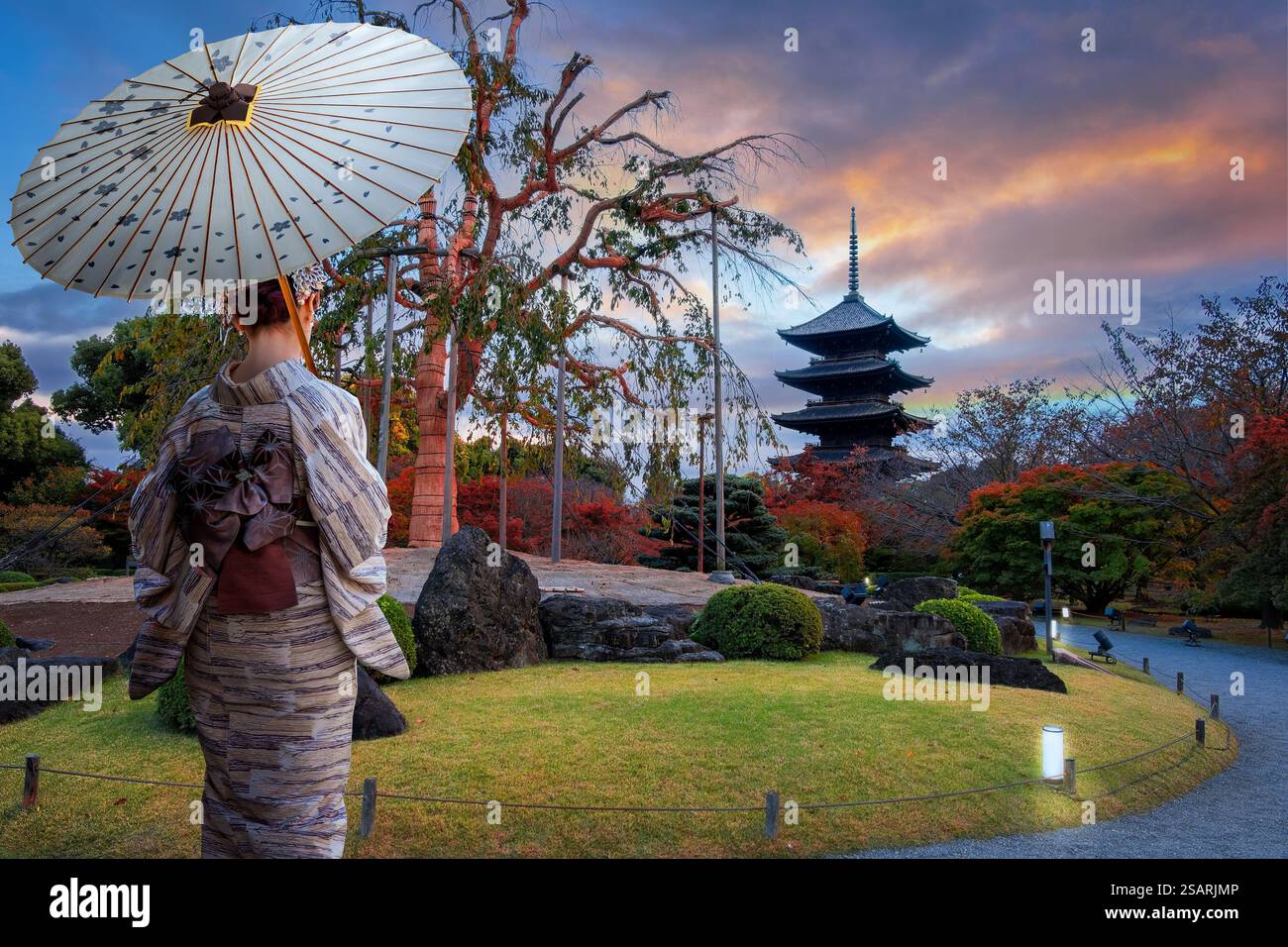 Japanese Woman in Traditional Kimono Dress at Toji Temple in Kyoto ...