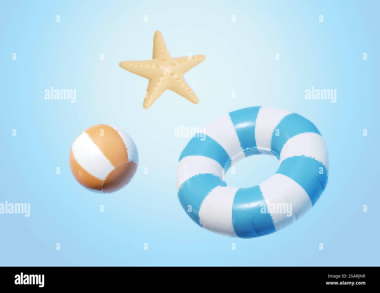 3d beach toy elements isolated on light blue background, including ...