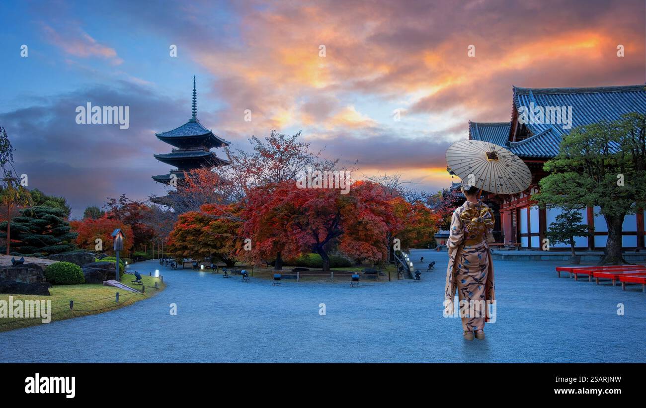 Japanese Woman in Traditional Kimono Dress at Toji Temple in Kyoto ...