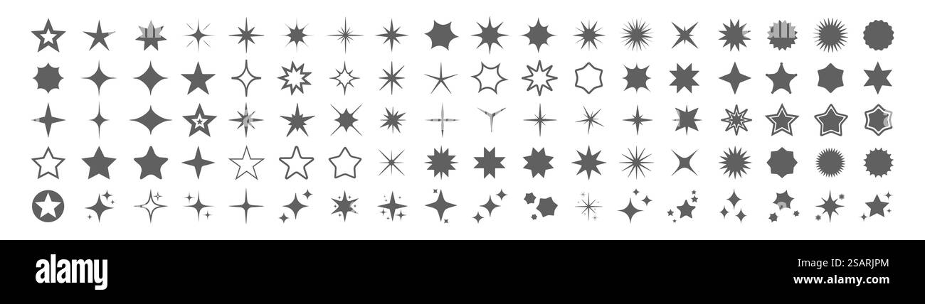 Star icons vector set. Different black sparkles. Twinkling stars, shining burst. Christmas ...