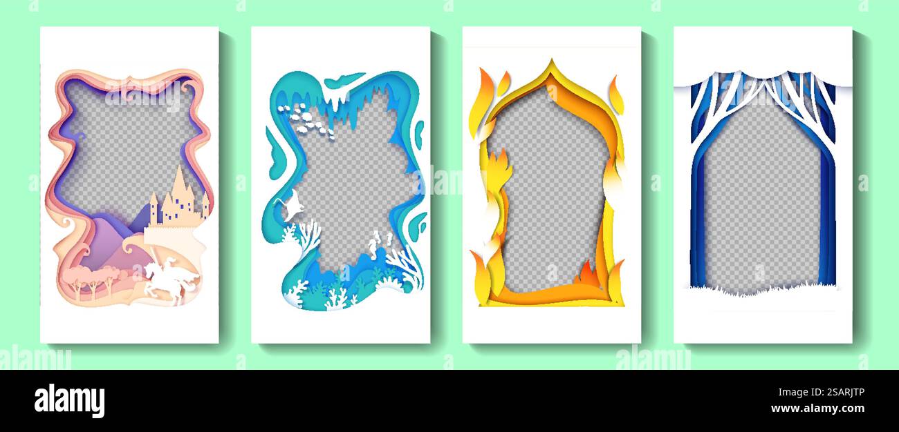 Fairytale social media stories, posts vector template. Paper cut magic ...