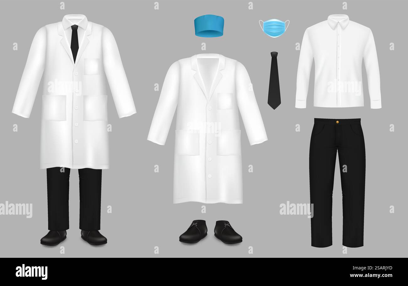 Doctor suit set, vector isolated illustration. Realistic white coat or ...