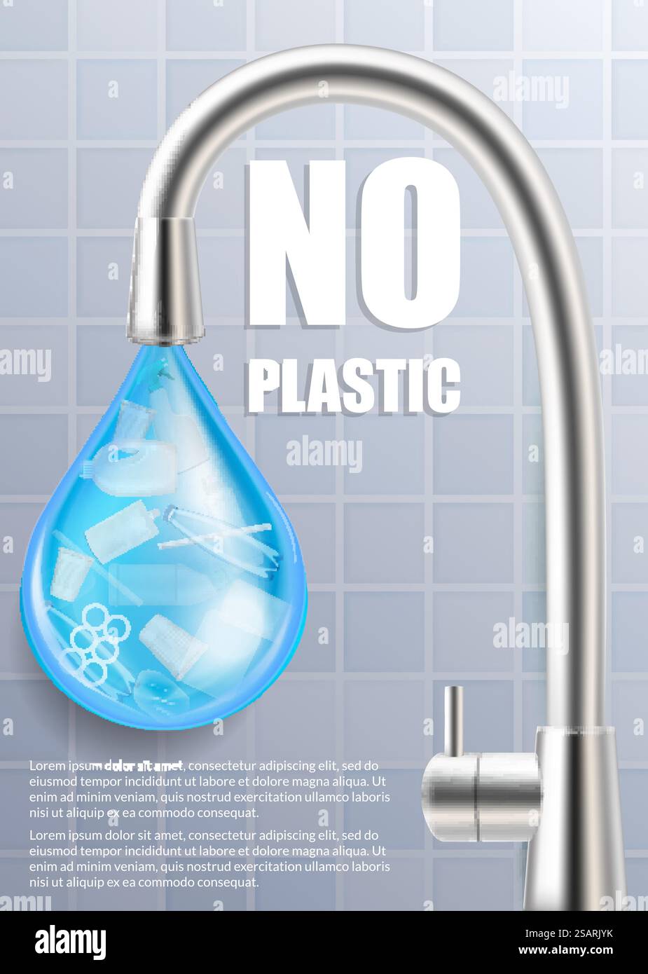 No plastic vector poster template. Kitchen faucet with water drop and ...