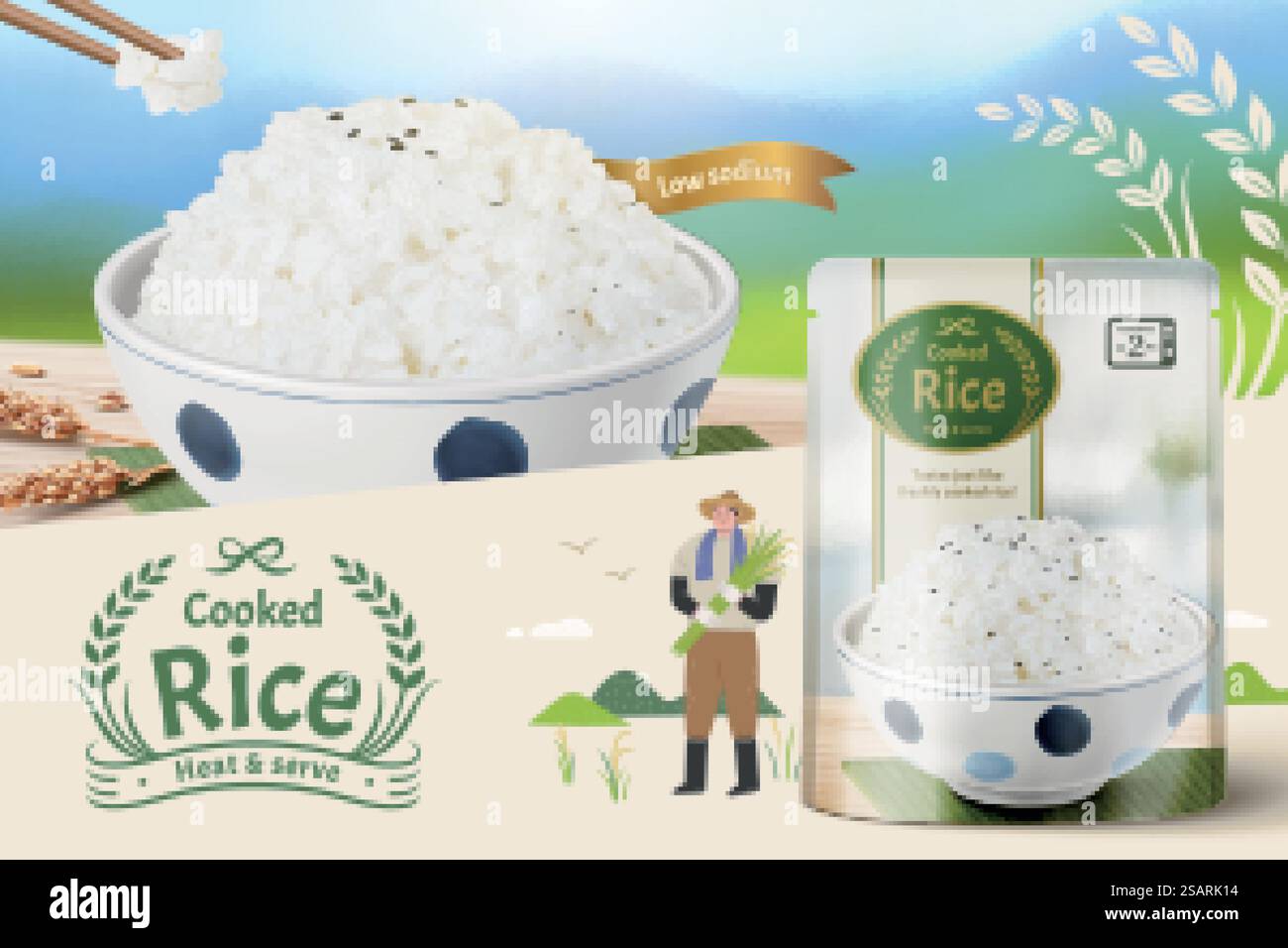 3d cooked white rice ad template with chopsticks taking rice from a ...
