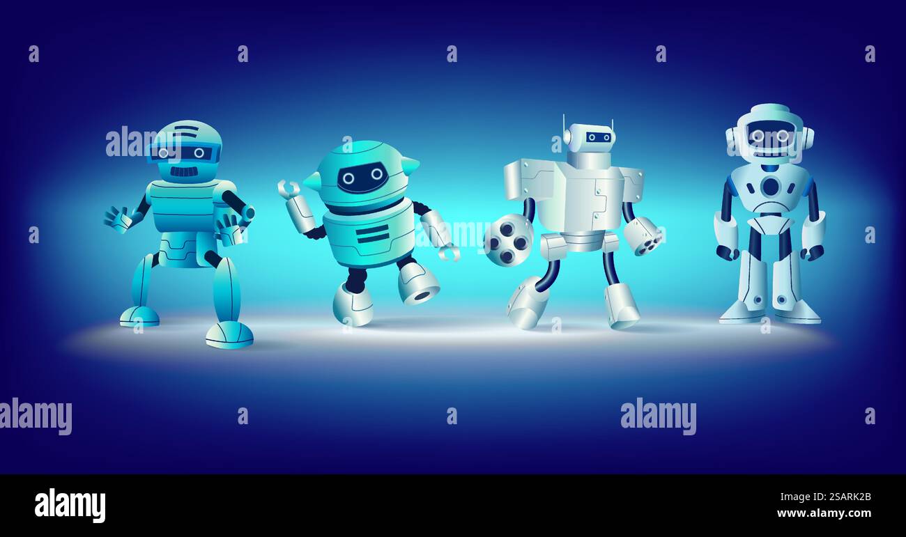 Hand drawn robot character with different poses collection, Cartoon robot icon set Stock Vector ...