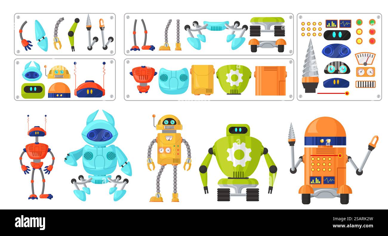 Cute robot cartoon character set, flat vector illustration isolated on ...