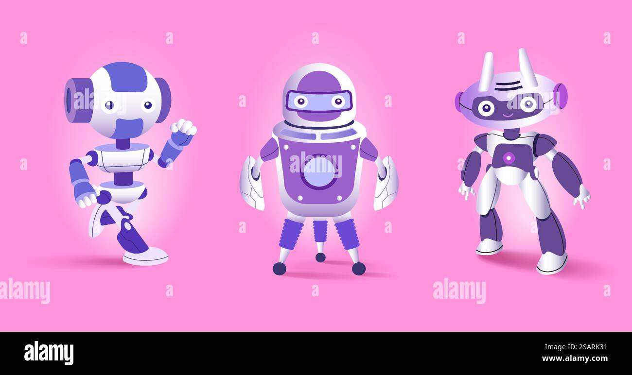 Hand drawn robot character with different poses collection, Cartoon robot icon set Stock Vector ...