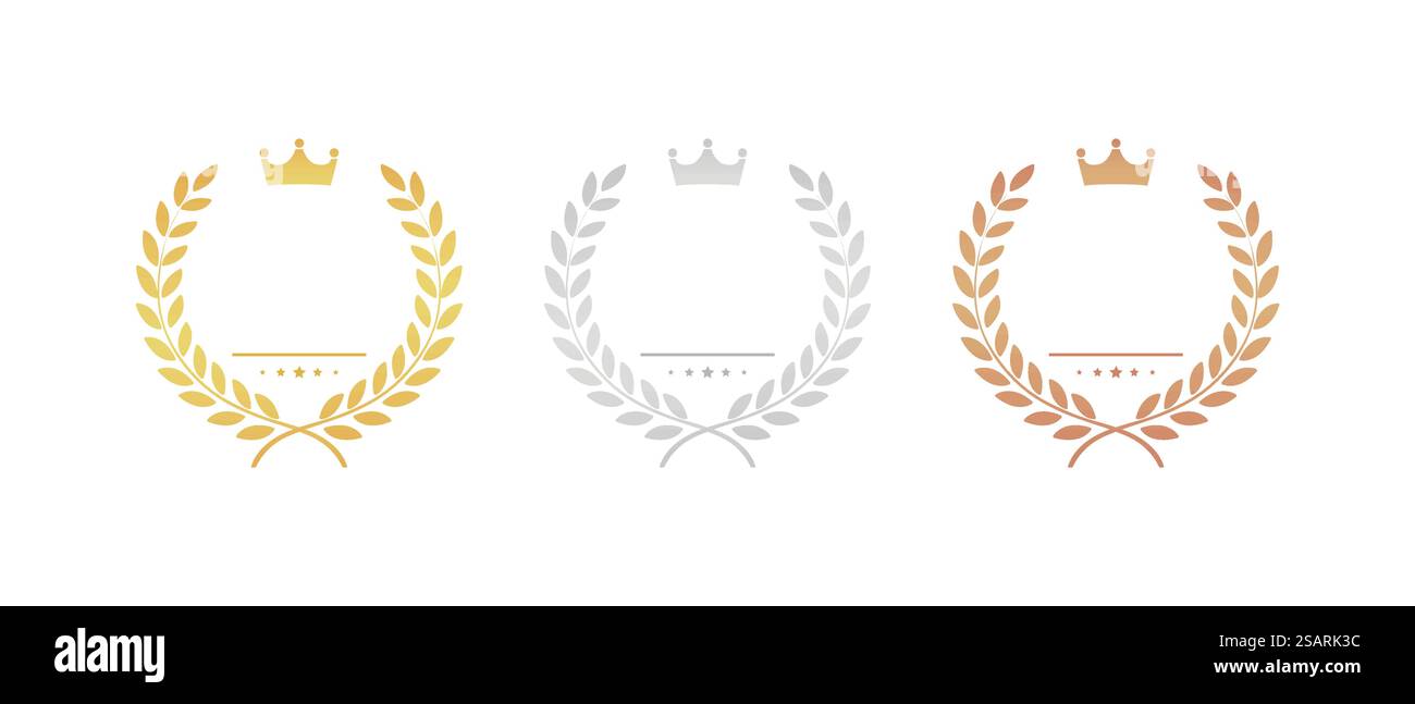 Gold, Silver, Bronze medals set. Vector award with laurel wreath. Round ...