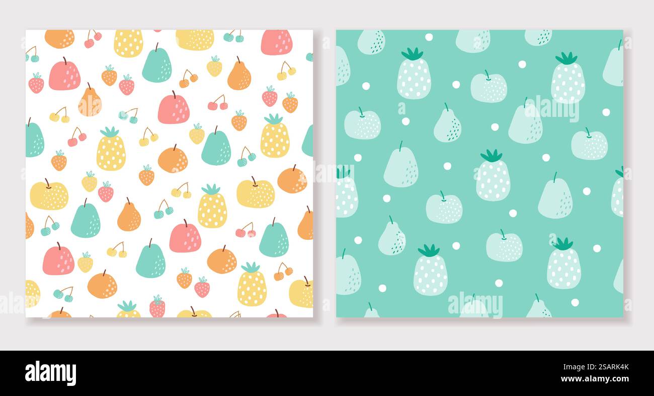 Vector about Seamless pattern with fruits, hand drawn cartoon, cute ...