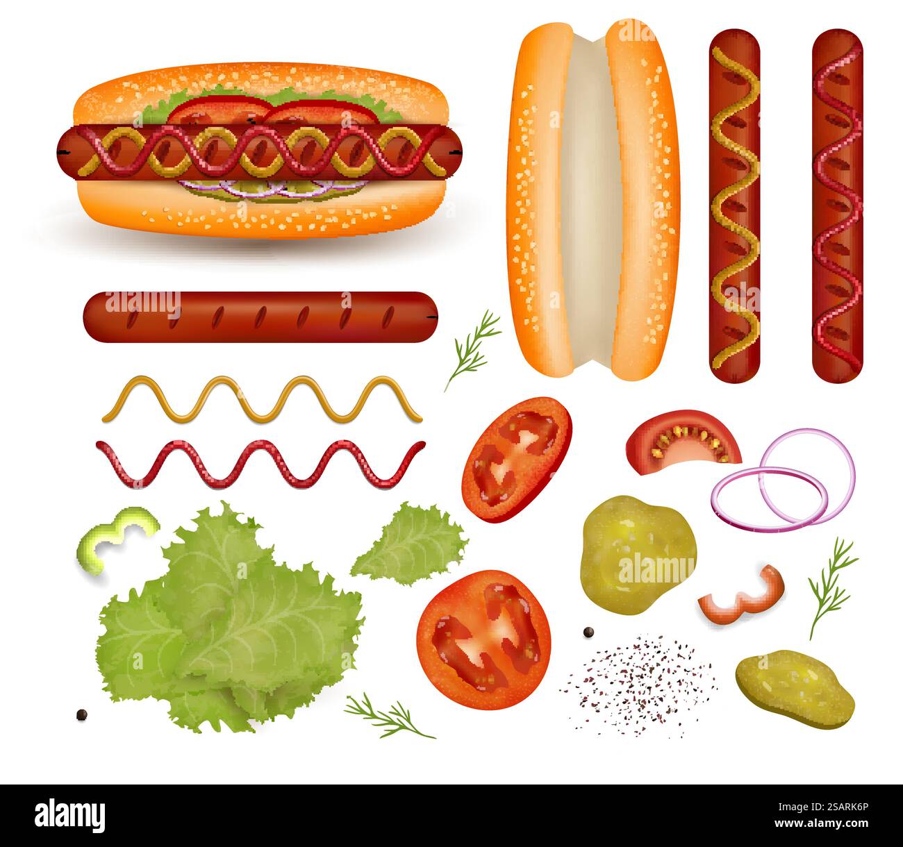 Hot dog and its ingredient set, vector illustration isolated on white ...