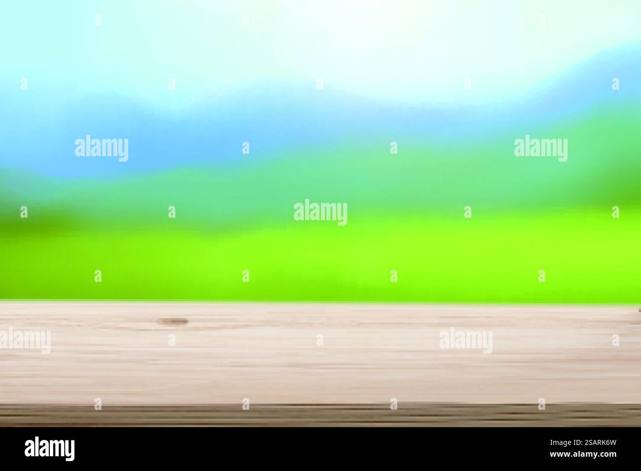 3d light wooden table top on blur mountain background. For montage ...