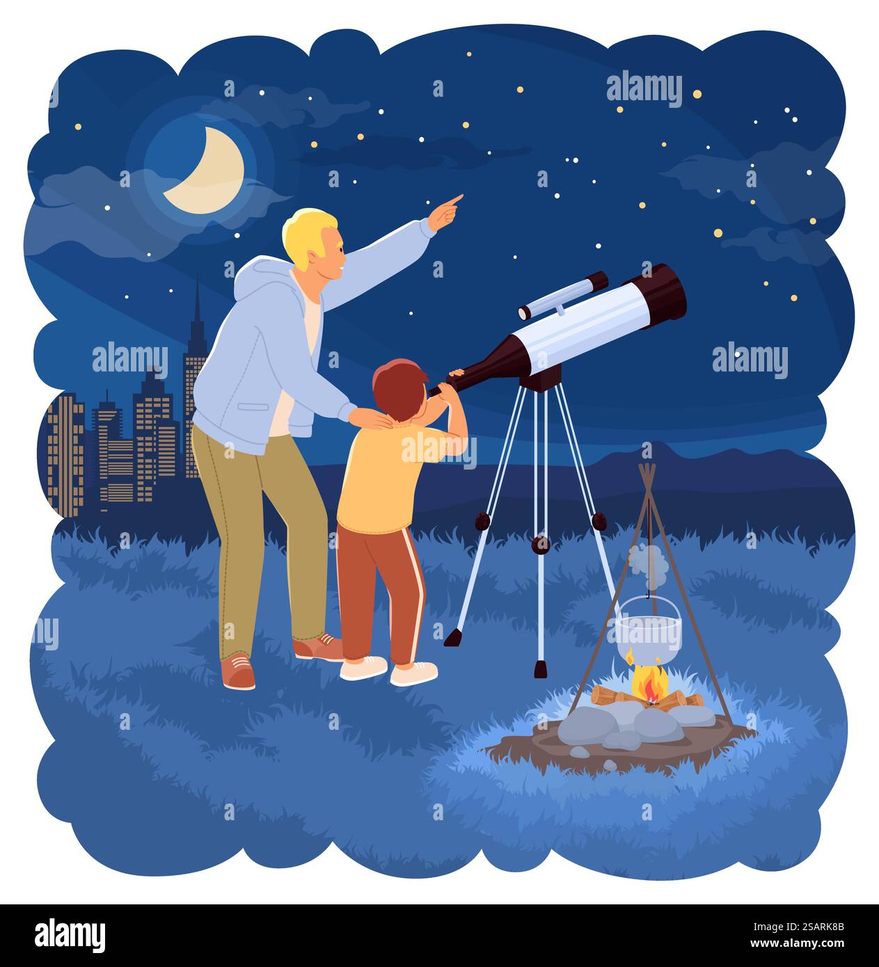 Father and son looking through telescope spending time together ...