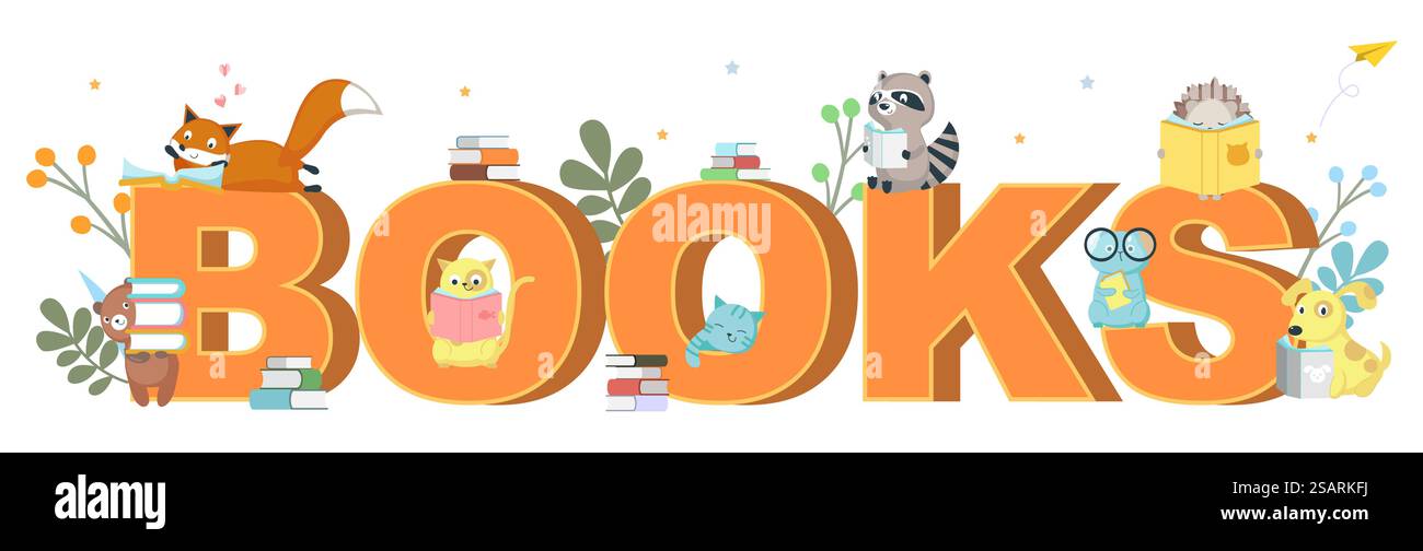 Cute animals kids cartoon characters enjoying reading over huge ...