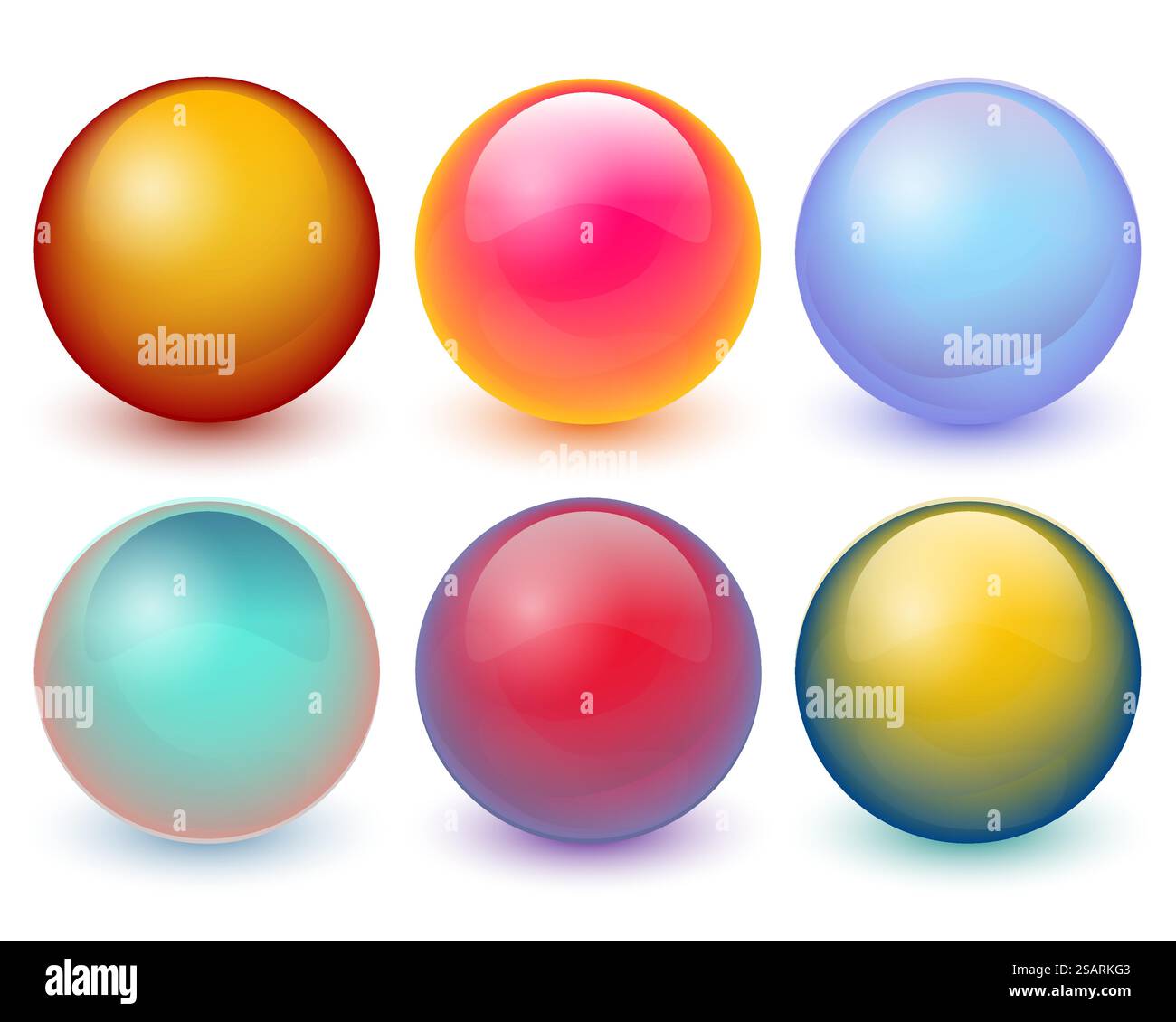 Set of colored balls with glares and shadows on transparent background. Modern spheres ...