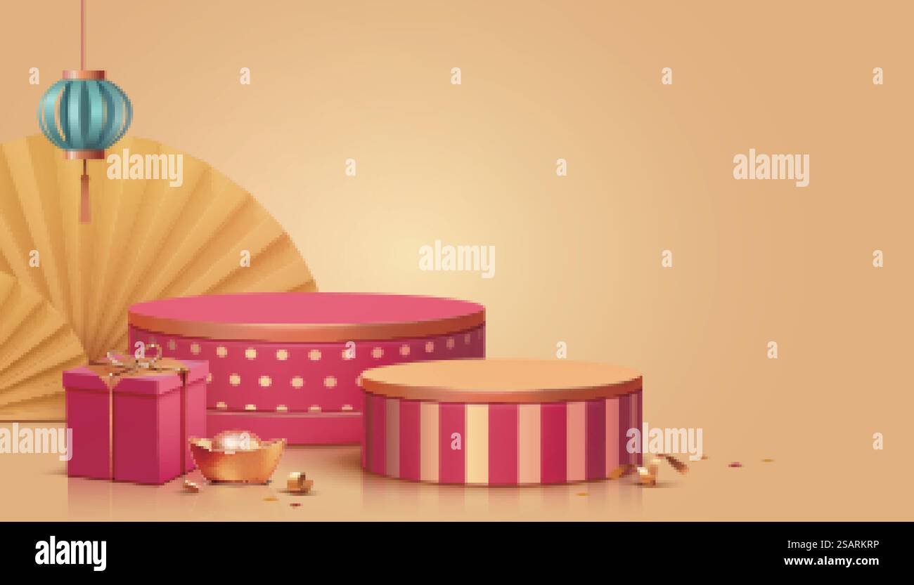3d Asian holiday theme scene design with round podiums, paper fan, gift ...