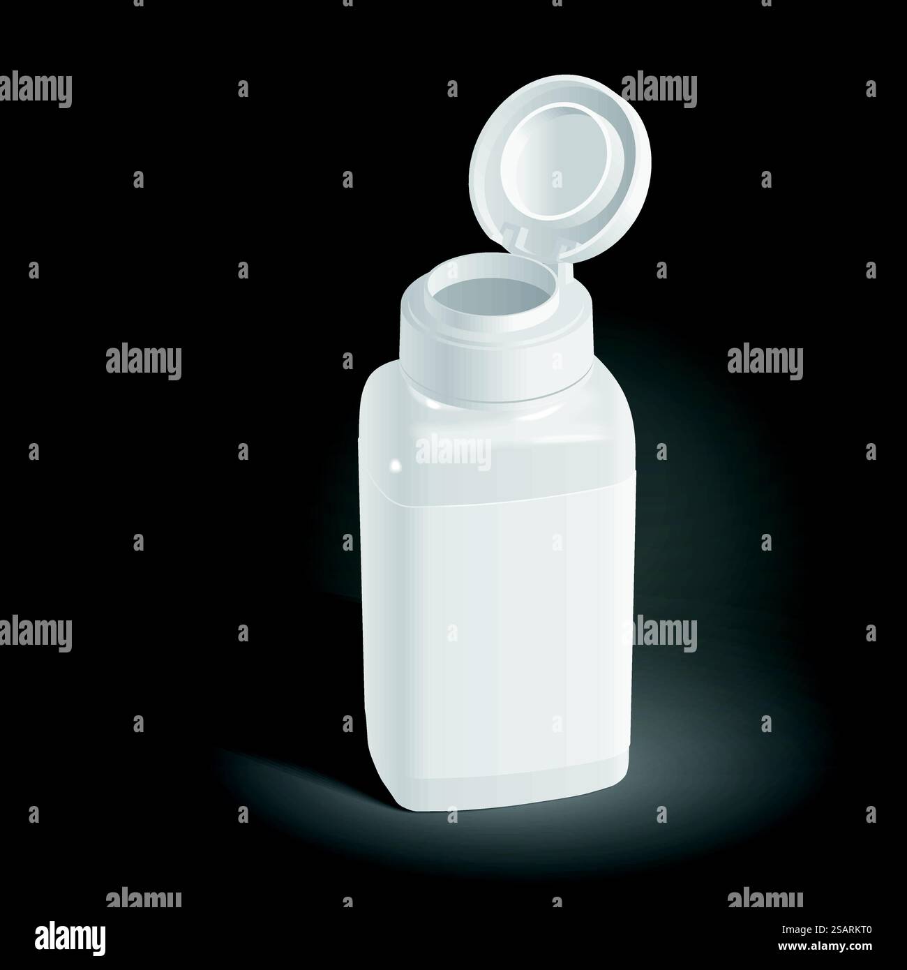 open medicine bottle with label isolated on black background. 3D ...