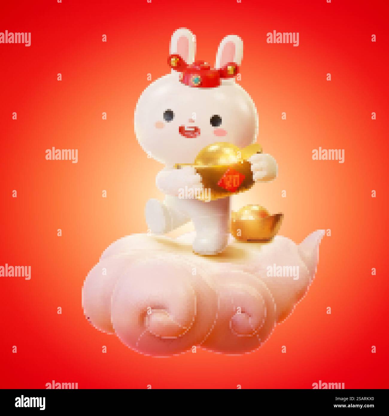 3D Chubby rabbit wearing God of Wealth’s hat holding a gold ingot. 3D ...