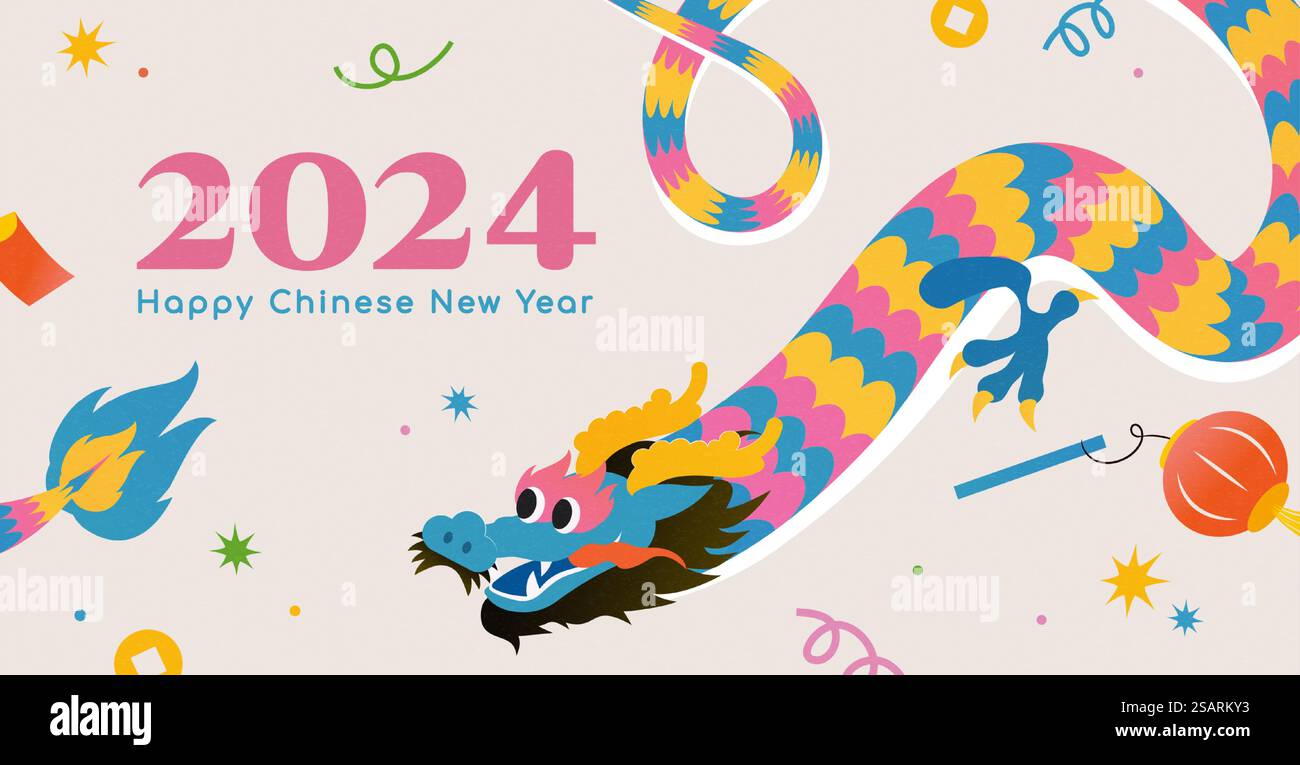 Playful CNY greeting card. Colorful dragon soaring on cream white ...