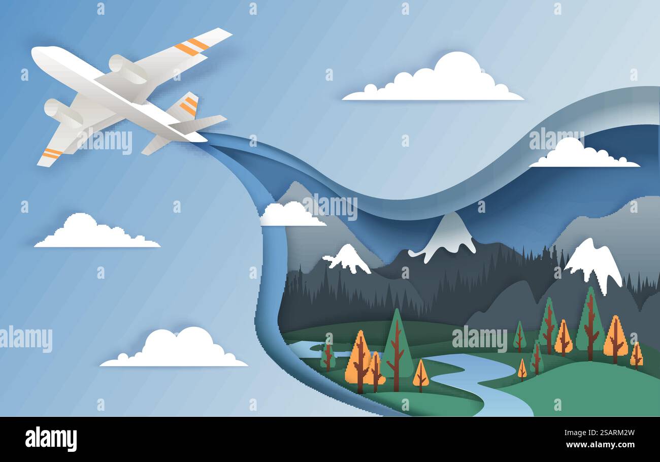 Airplane flying above forest, mountains and river, aerial view vector ...