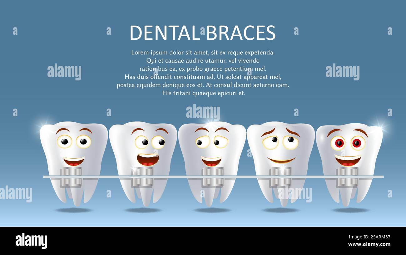 Dental braces vector poster banner template. Cute happy teeth with ...