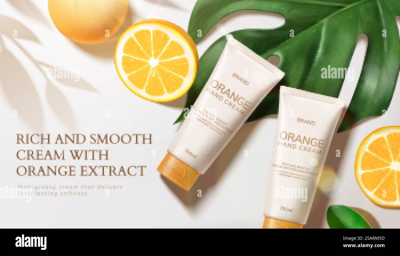 Luxury skin care product ad, top view of tube mock-ups with monstera ...