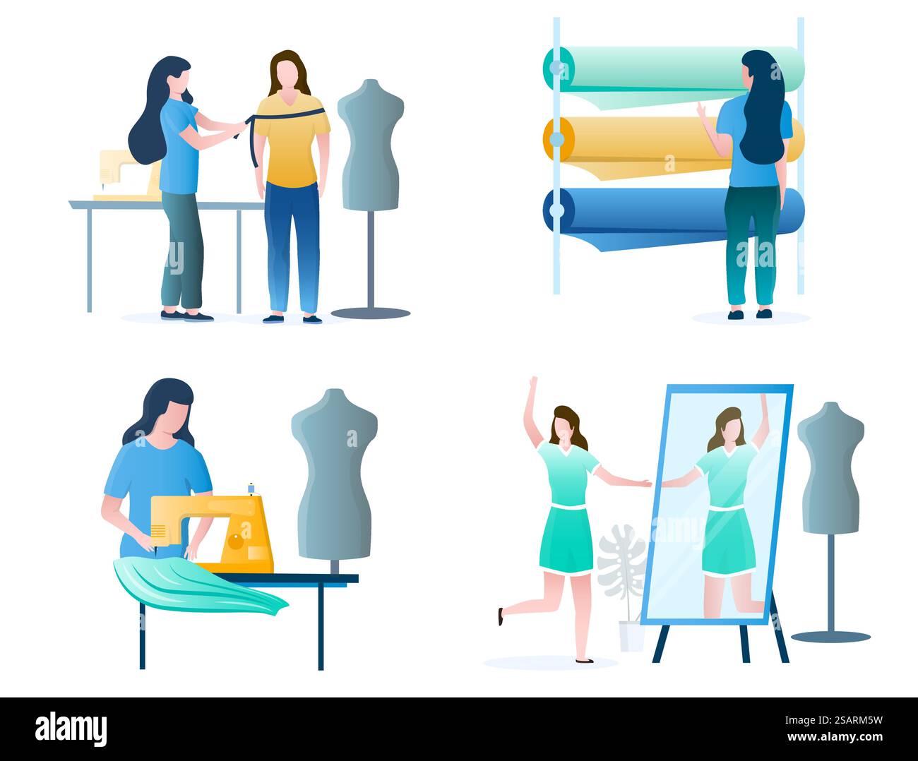 Seamstress, dressmaker, fashion designer female cartoon character set ...