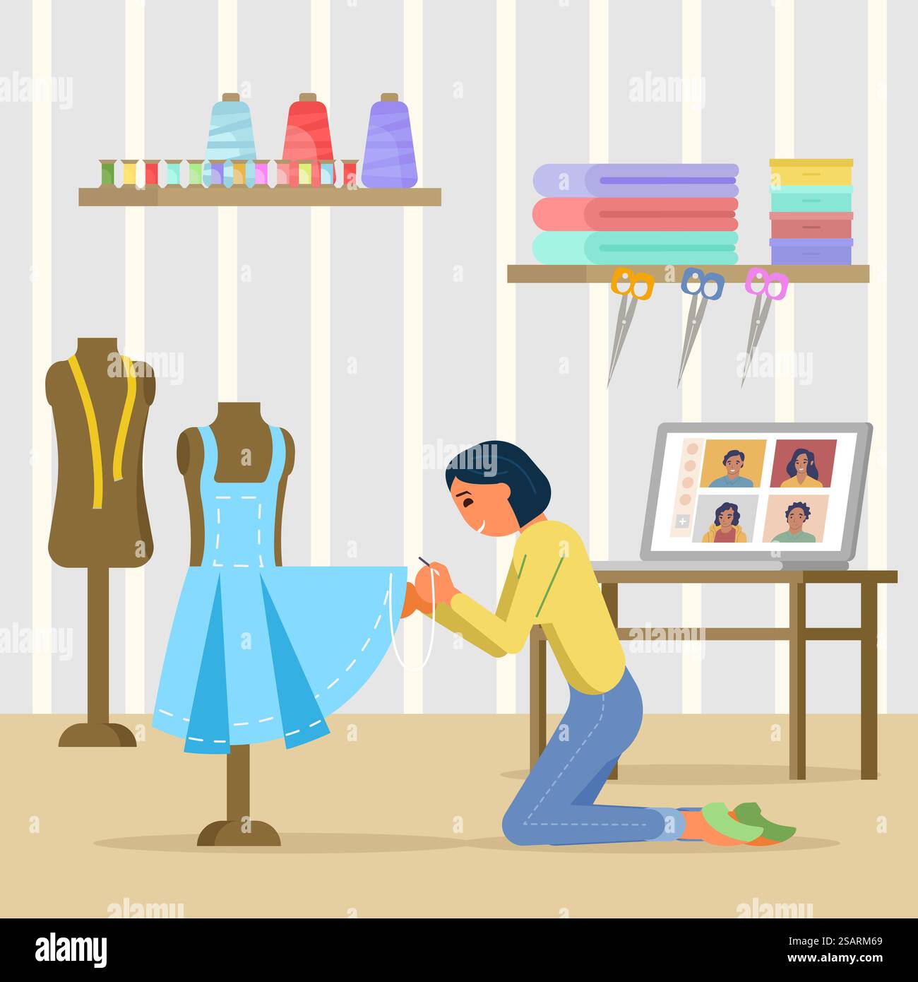Online sewing masterclass, vector flat illustration. Seamstress or ...