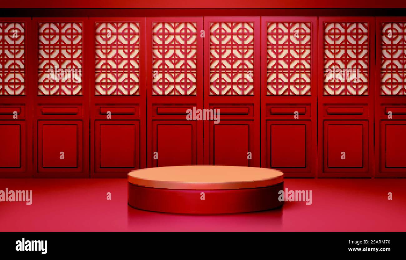 3d classic oriental theme scene design. Round podium with red Chinese ...