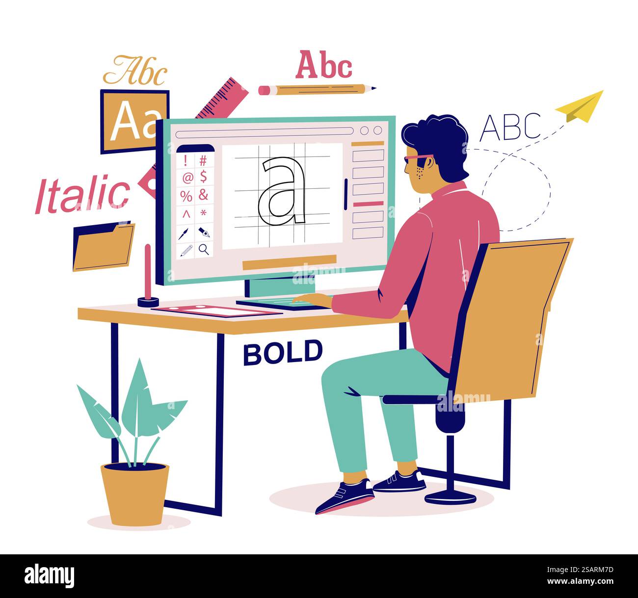 Graphic designer creating his own font using computer software sitting ...