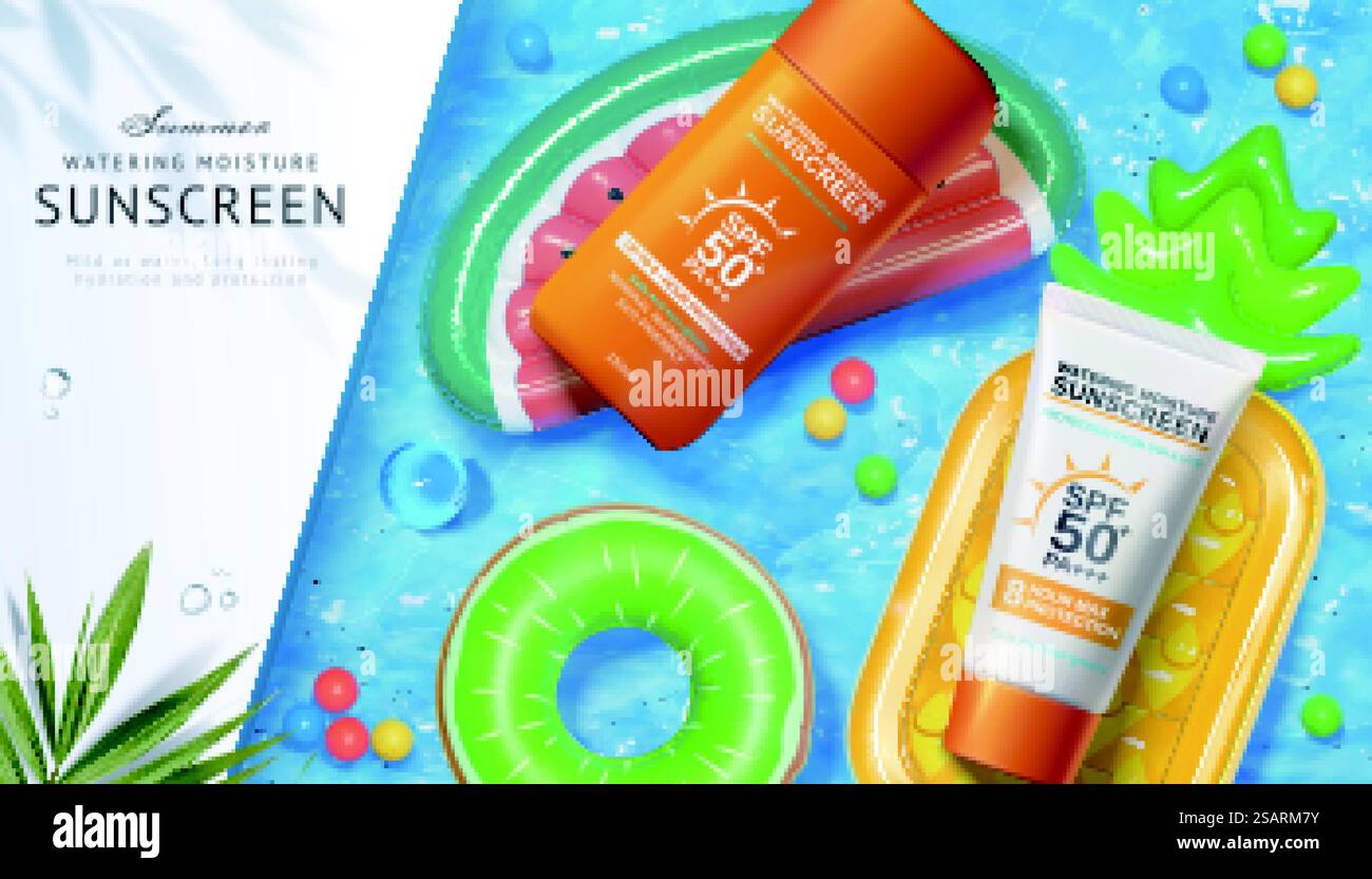 3d sunscreen ad template in sunbathing theme. Top view of plastic mock ...