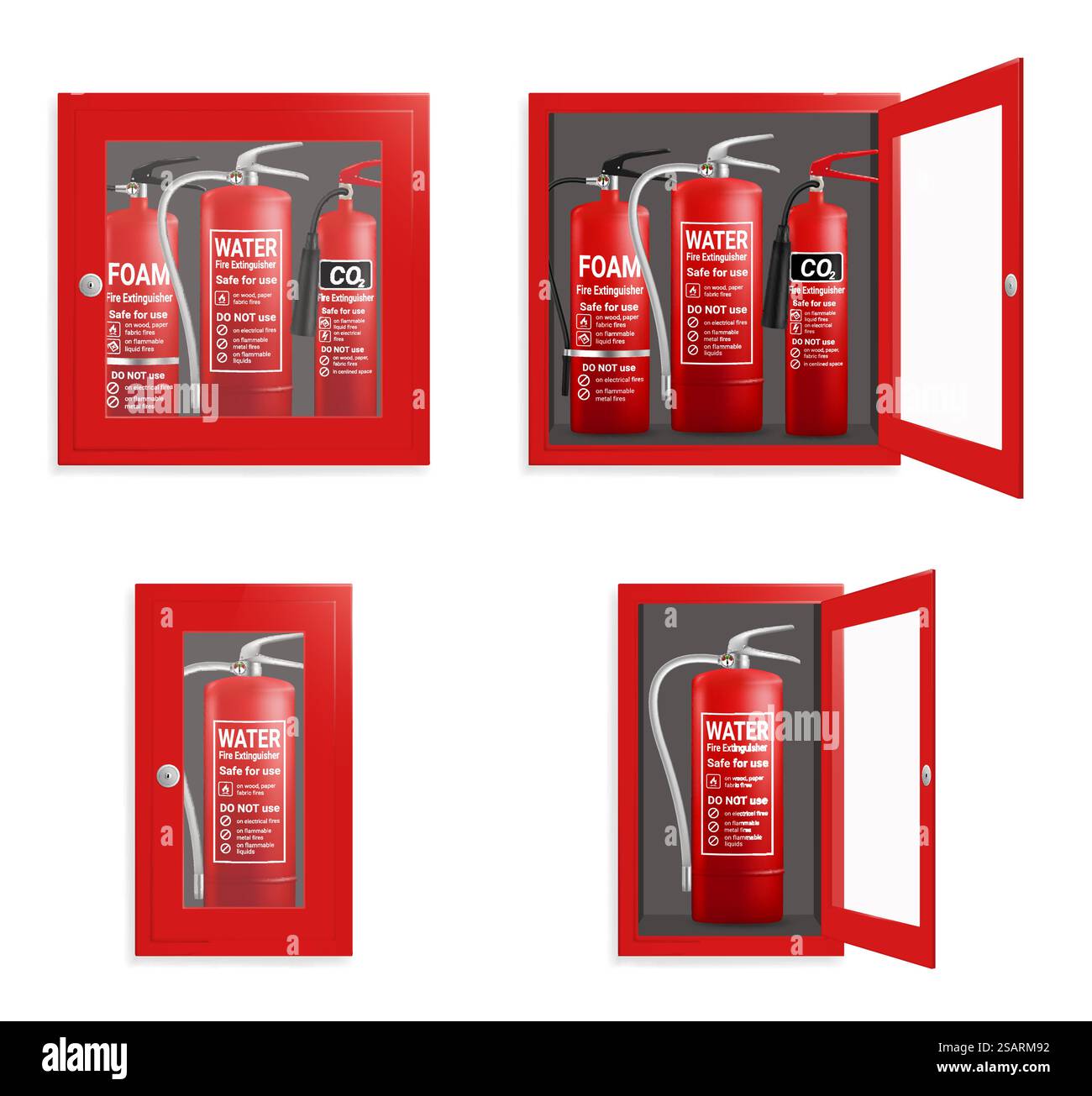 Realistic red fire extinguisher with nozzle set, vector illustration ...