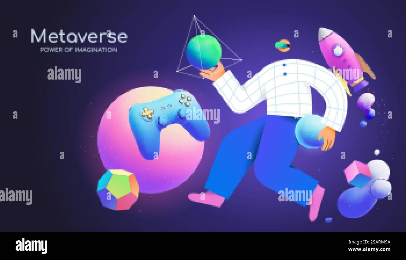 A young man with goggle floating among 3d neon gradient objects, including game controller and ...