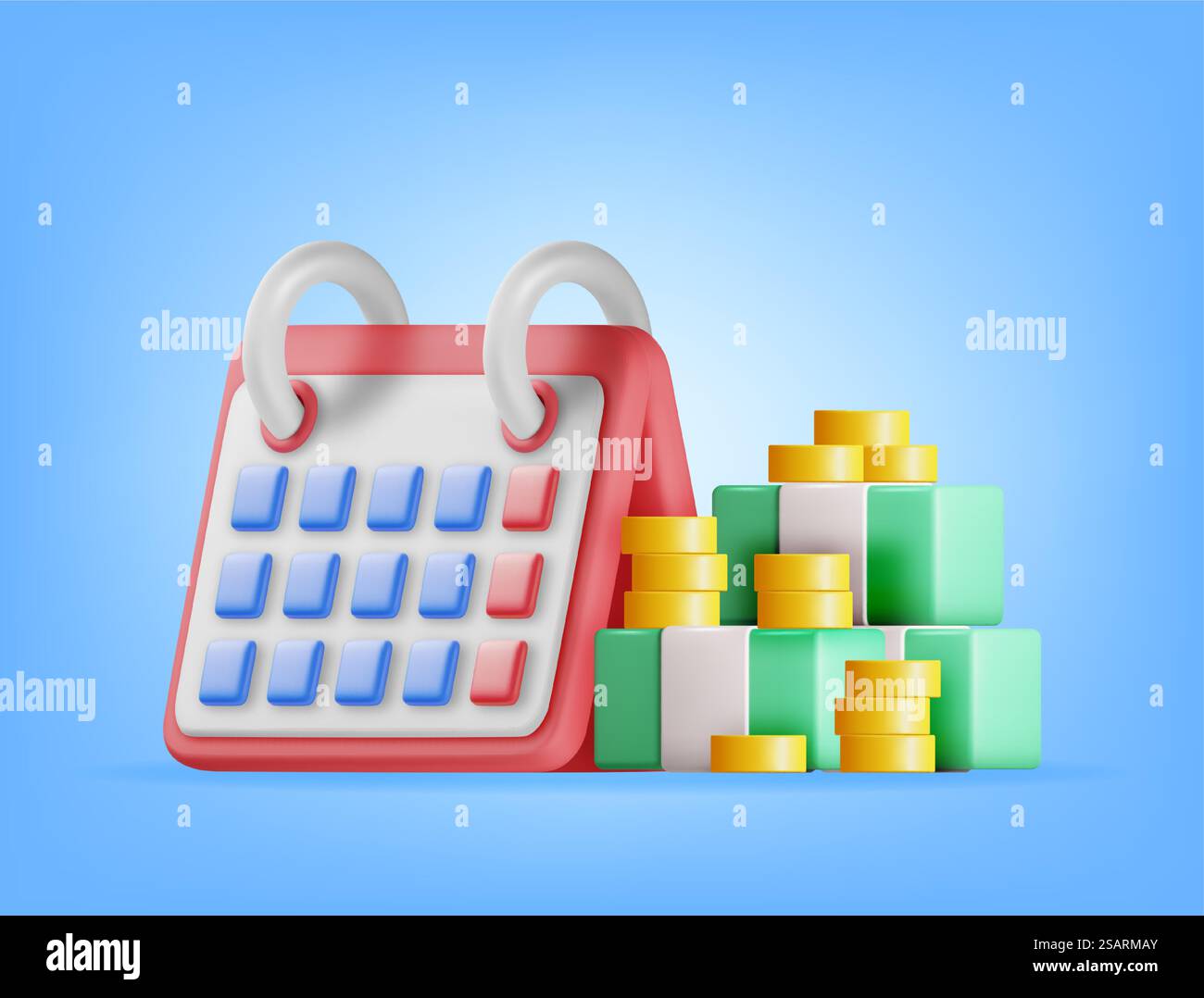 3D Calendar and Golden Coins Isolated. Render Time is Money Concept ...