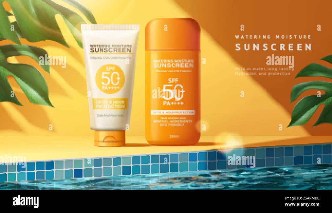 Sunscreen ad template with monstera leaves and swimming pool scene ...