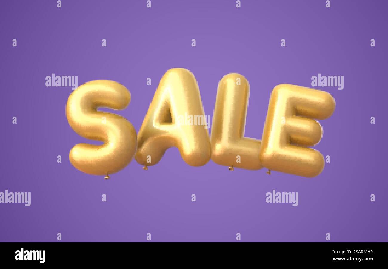 Golden sale balloon words isolated on purple background in 3d illustration. Golden sale balloon ...