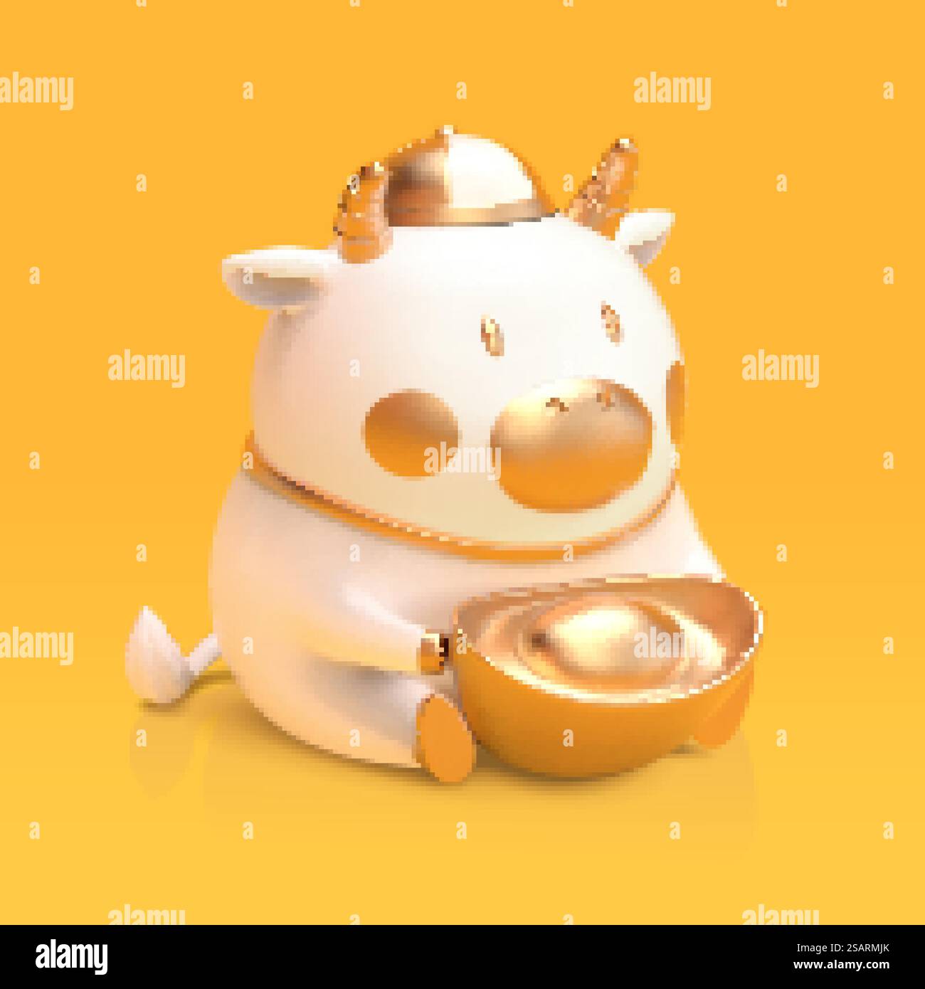 3d illustration of cute ceramic white cattle holding gold ingot. 3d ...