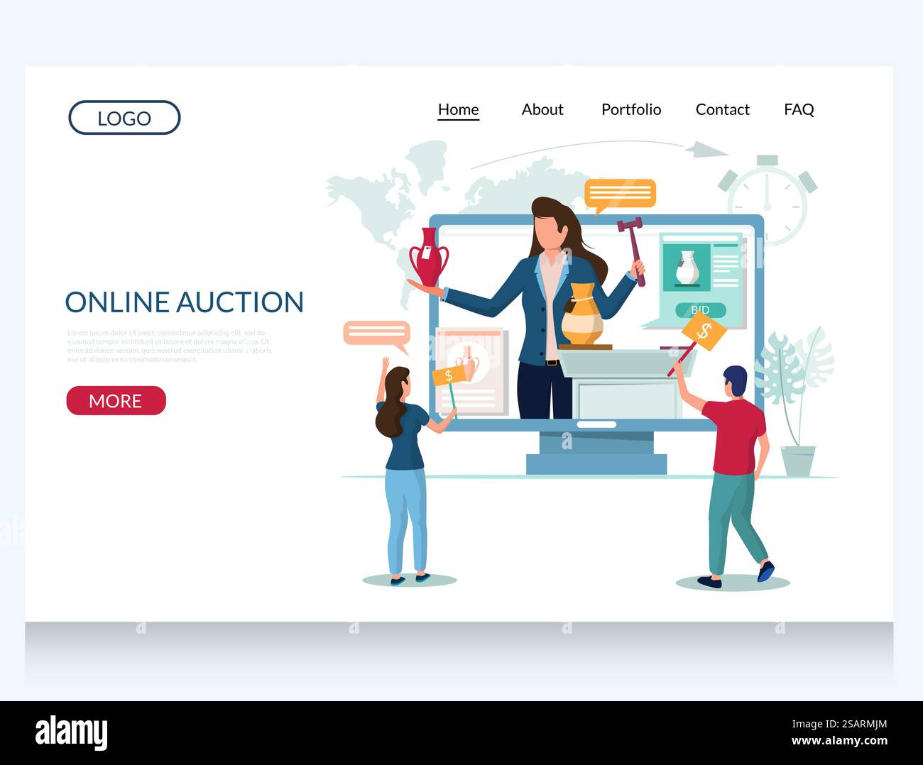 Online auction vector website template, web page and landing page ...