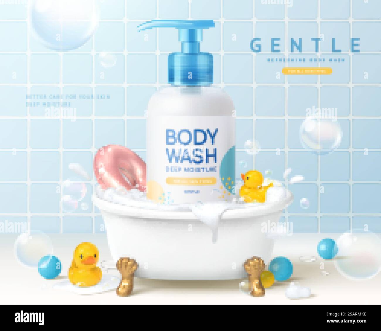 Body wash ad in 3d illustration, body wash product in a small bathtub ...